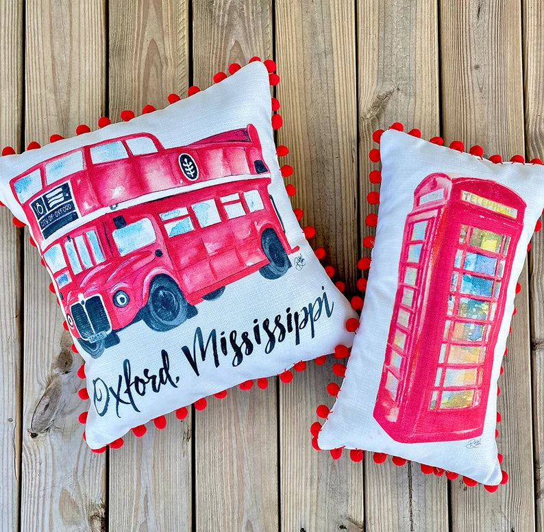 Double Decker Bus Pillow with Red Pom Trim – Ultimate Gifts MS